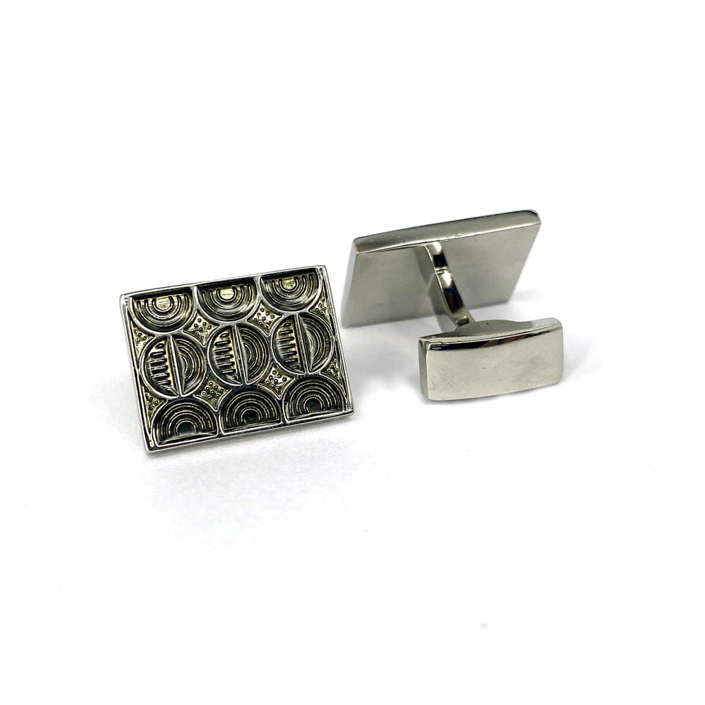 Gunmetal Rectangle Cufflinks with Flower Design (Online Exclusive)