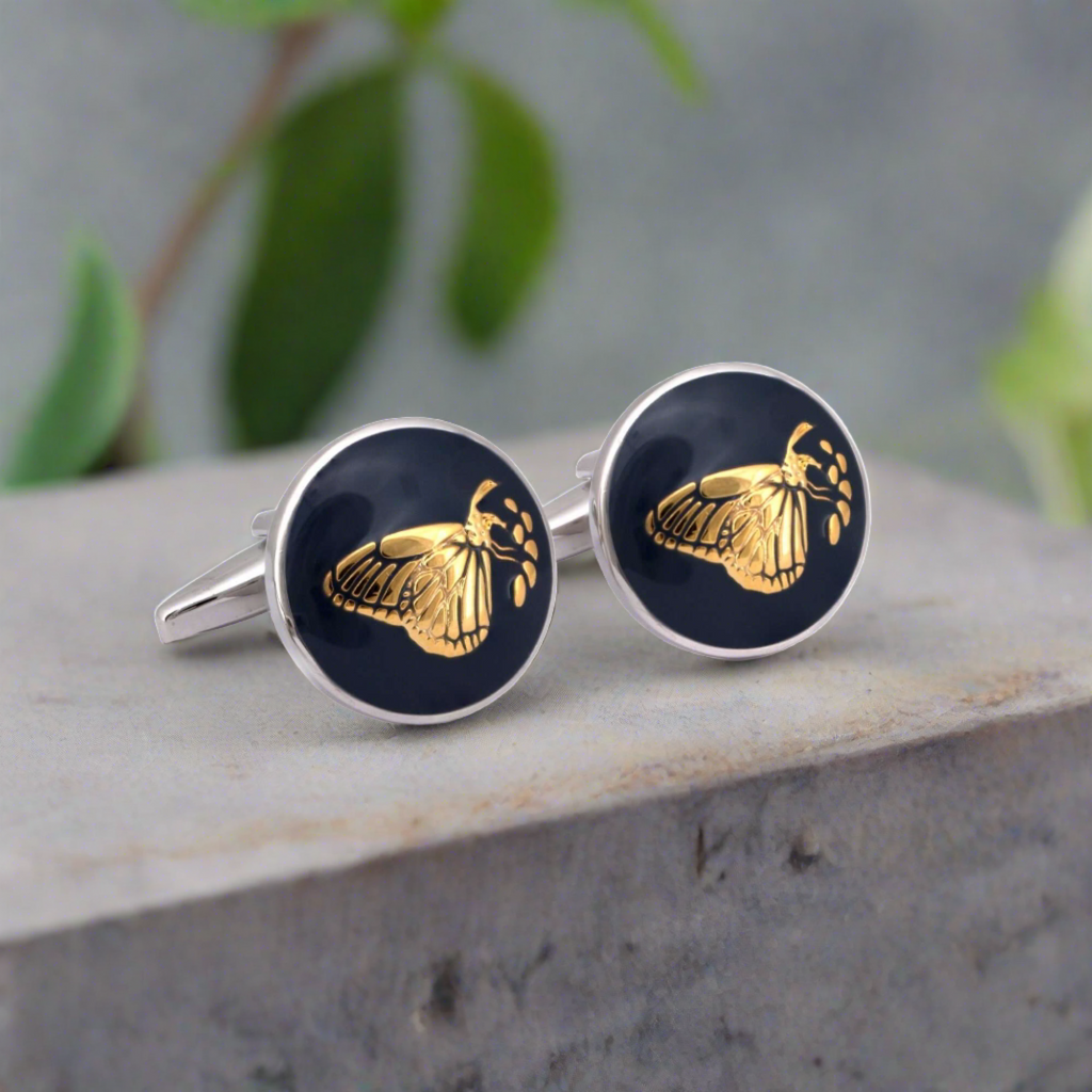 Botanic Series - Round Gold Butterfly Cufflinks in Dark Blue